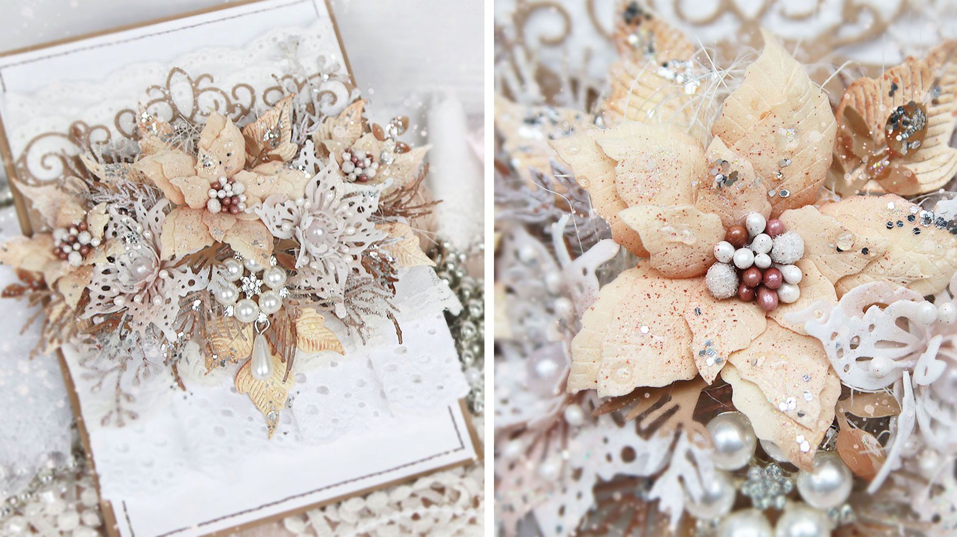 Объемная НОВОГОДНЯЯ ОТКРЫТКА с кружевом, брошью, цветами и з фоамирана и веточками из бумаги✨