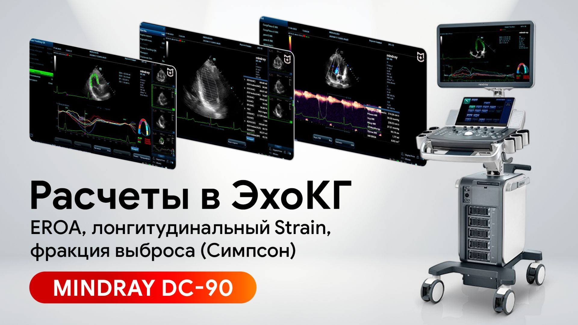Как посчитать EROA, лонгитудинальный Strain и ФВ по Симпсону на Mindray DC-90?