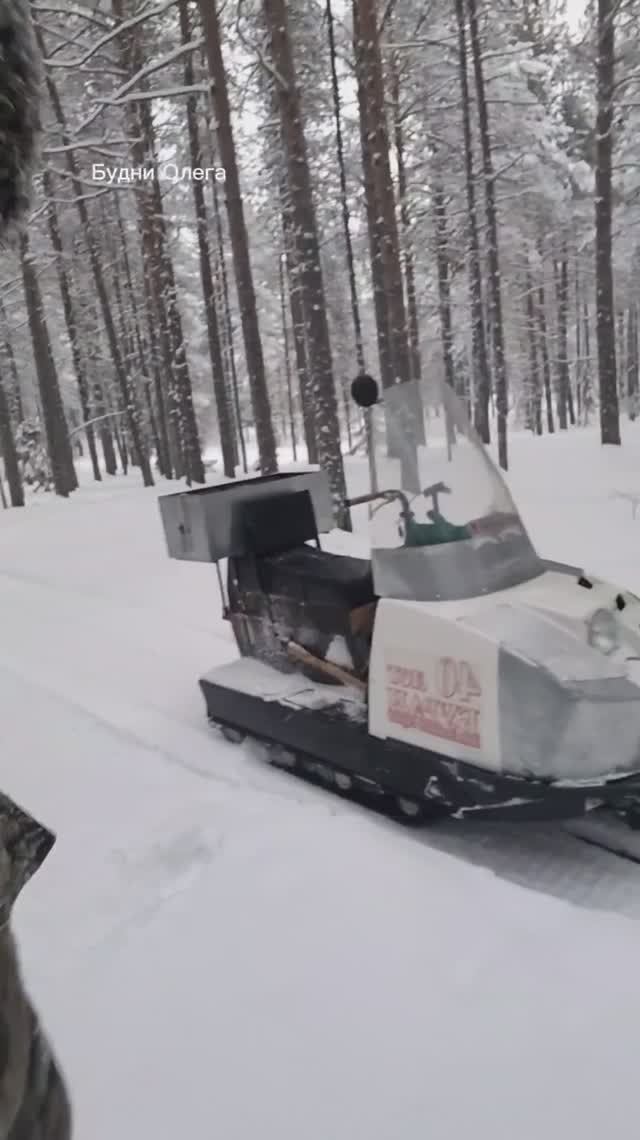 гоняю на буране по лесу. поставил трицикл на чурки.