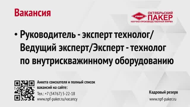 Вакансия руководитель - эксперт технолог НПФ Пакер