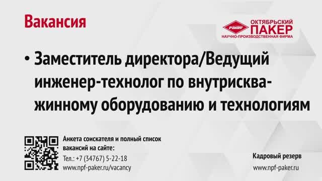 Вакансия Заместитель директора - ведущий инженер-технолог НПФ Пакер