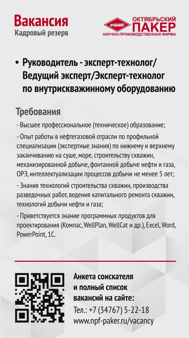 Вакансия руководитель - эксперт технолог НПФ Пакер