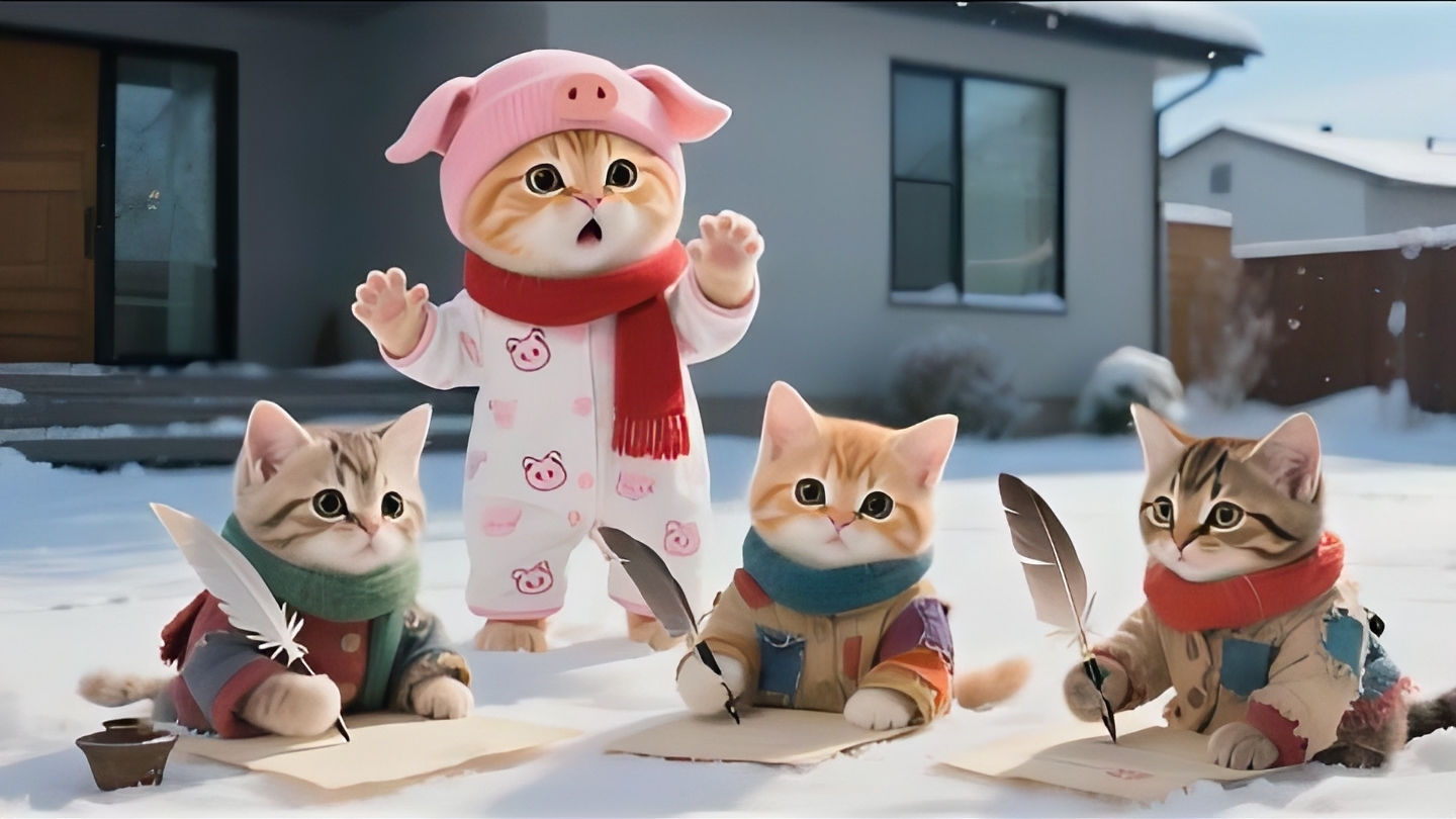 Очаровательный рыжий котенок помогает бедным маленьким котятам исполнить рождественские желания