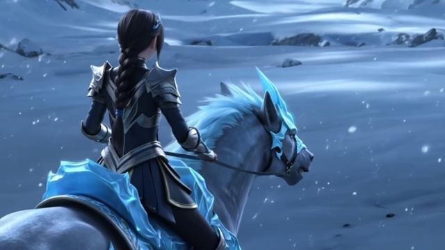 Аниме-сцена: девушка-воин оседлала гигантского ледяного волка, их взгляд направлен вдаль;