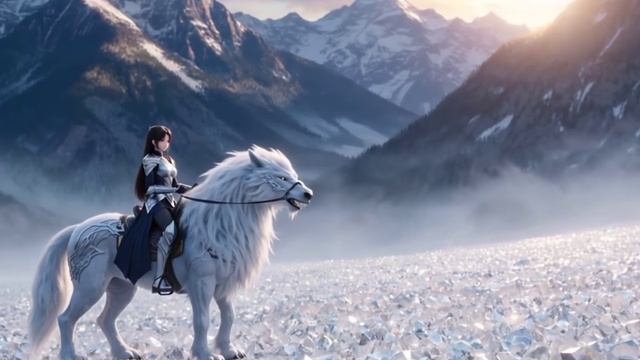 Аниме-сцена: девушка-воин оседлала гигантского ледяного волка, их взгляд направлен вдаль;