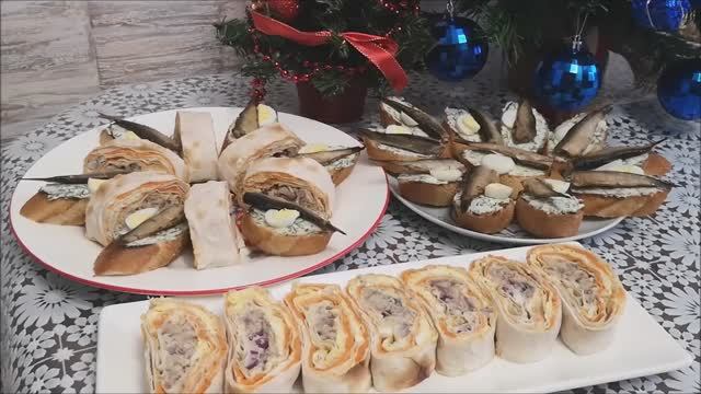 Бутерброды со шпротами и рулет мимоза из лаваша. Быстрые закуски на новогодний стол, Новый Год