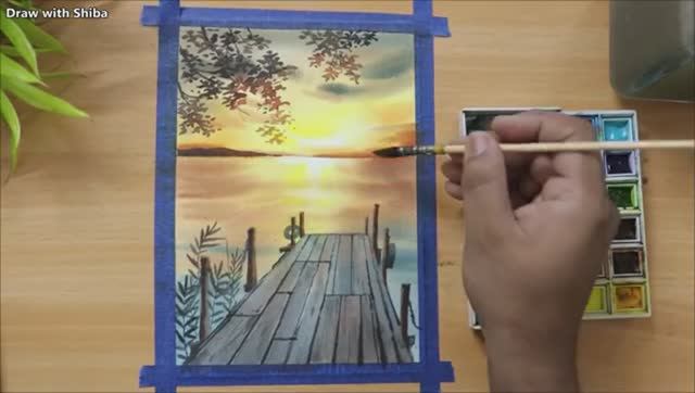 Рисуем акварелью вечерний закат у реки, шаг за шагом