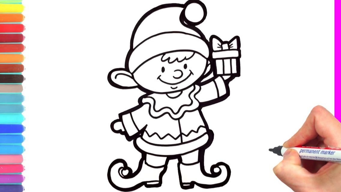 Мультик - раскраска для детей  НОВОГОДНЕГО ЭЛЬФА. Учимся как рисовать ЭЛЬФА.