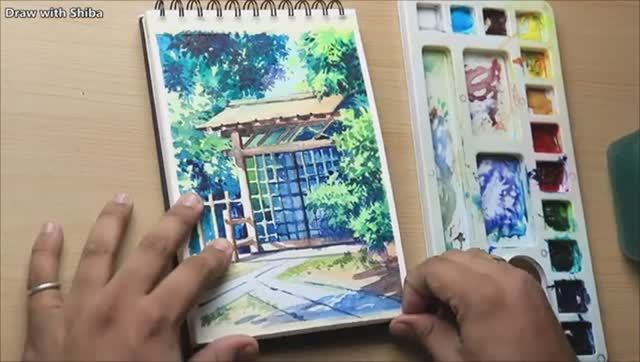 Лёгкий акварельный рисунок двери и сада в стиле фильмов студии Ghibli, легко