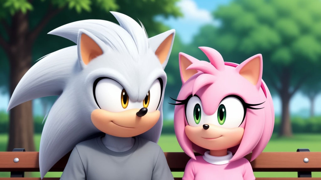 Тандер и Эми в парке, на скамейке.