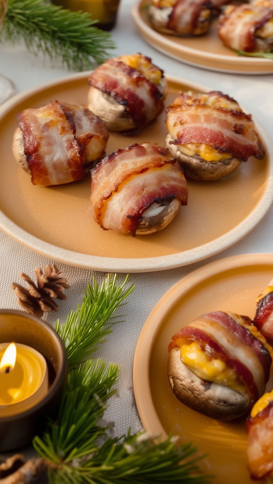 Фаршированные шампиньоны «Ёлочные шапочки» в бальзамическом маринаде и беконе #еда #вкусно #рецепт