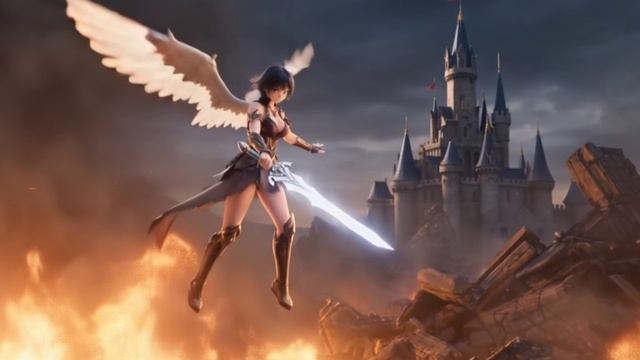 Аниме: крылатая воительница с сияющим клинком на фоне рушащегося замка.
