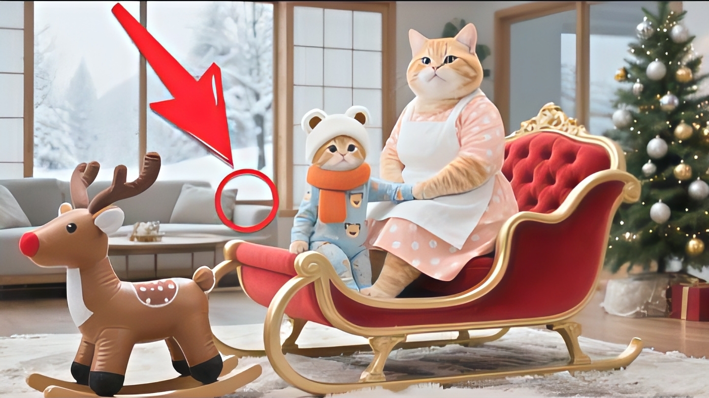 Рыжий котенок получил на Рождество от мамы-кошки оленьи упряжки Санта Клауса