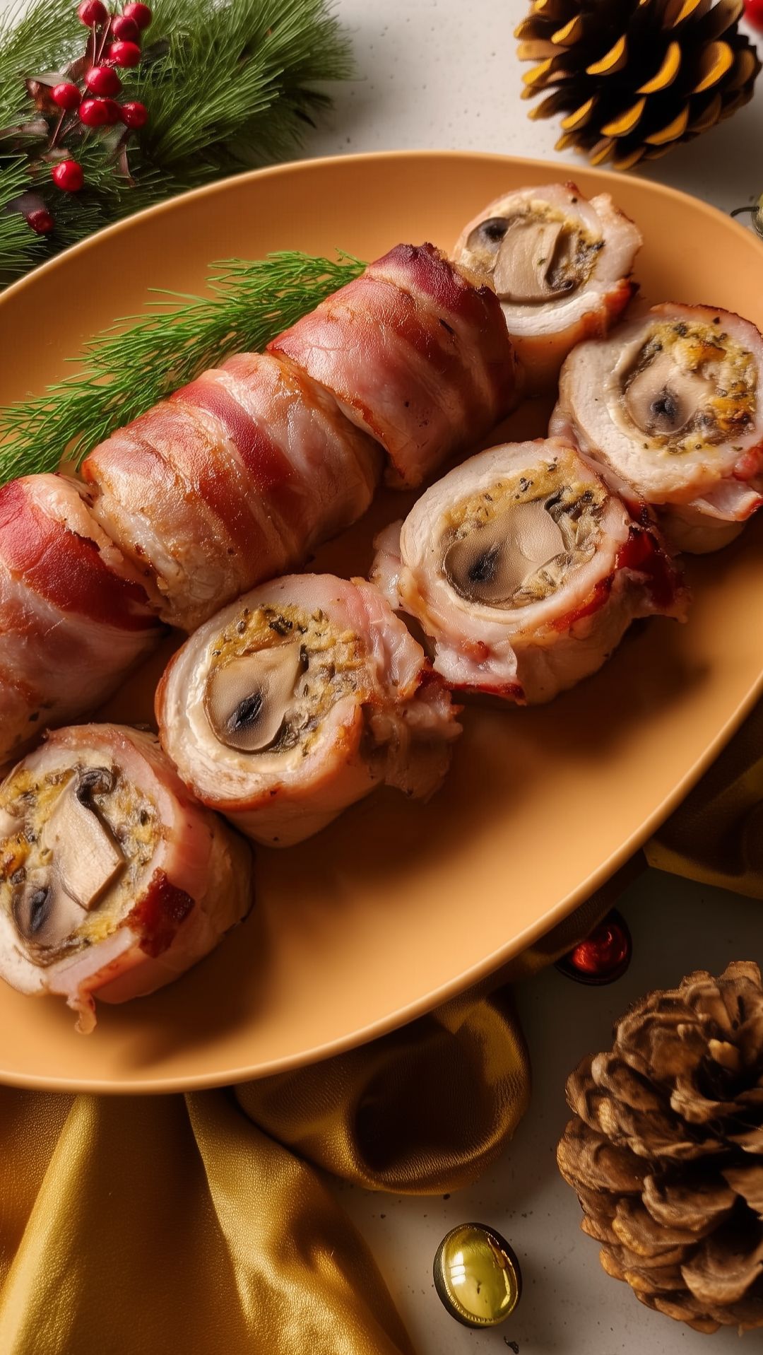 Рулет с куриным фаршем, беконом и грибами #еда #рецепт #вкусно #аэрогриль