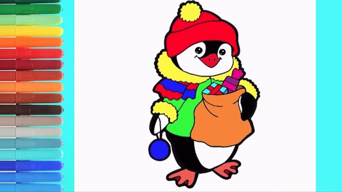 Мультик - раскраска для детей ПИНГВИН. Учимся как рисовать ПИНГВИНА вместе с детьми.