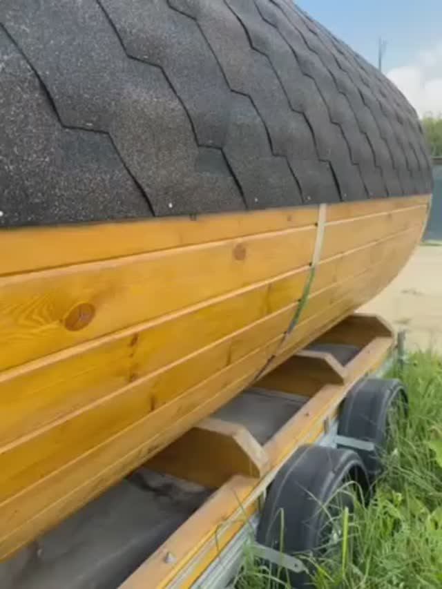 Баня бочка 3.5 метра с козырьком на прицепе купить в Нижнем Новгороде.