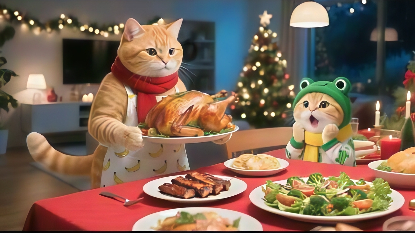 Рыжий котенок и Мама-кошка разделяют уютный рождественский ужин с индейкой.Трогательная подборка