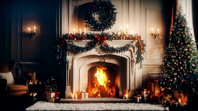 Камин, треск огня, метель, новогодняя елка и музыка