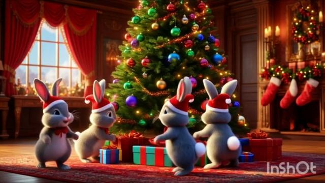 Веселый мультик про животных для детей звери танцуют около ёлки новогодний мультфильм для малышей