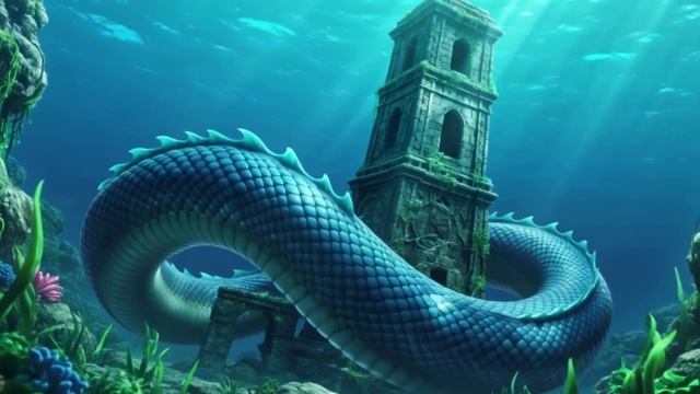 величественный морской змей обвивается вокруг затопленной башни древнего города