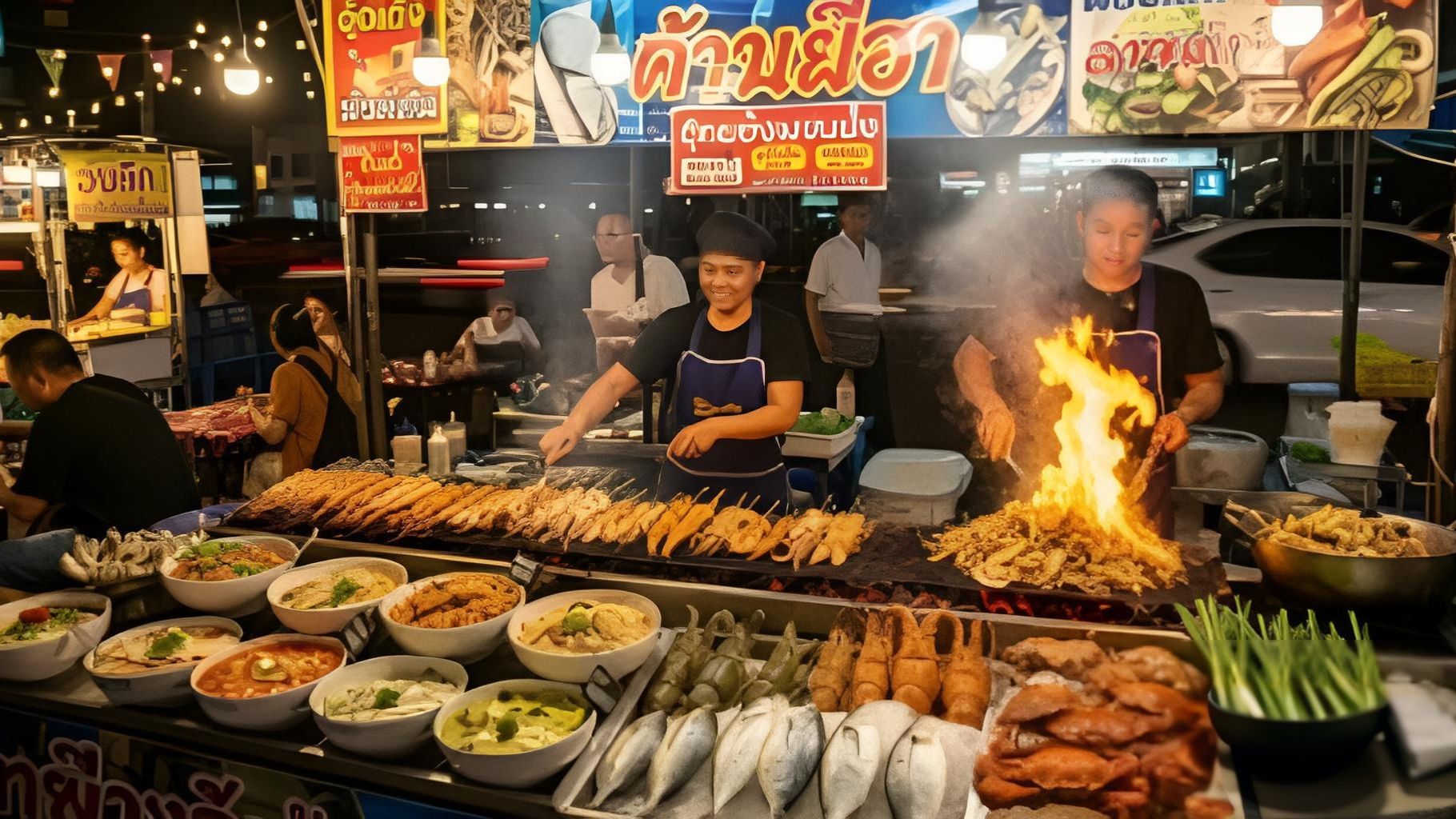 Уличная еда Таиланда. Жареные и обжареные морепродукты. невозможно пройти мимо. Кухня Таиланда