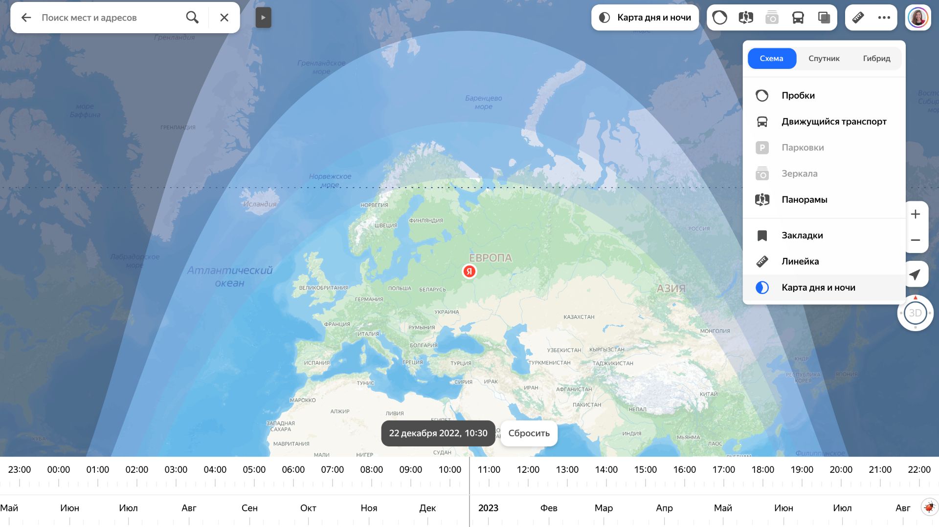 как посмотреть день и ночь в Яндекс картах?