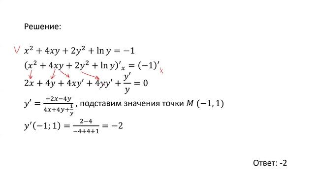 Нахождение значения производной неявной функции в точке (В4)