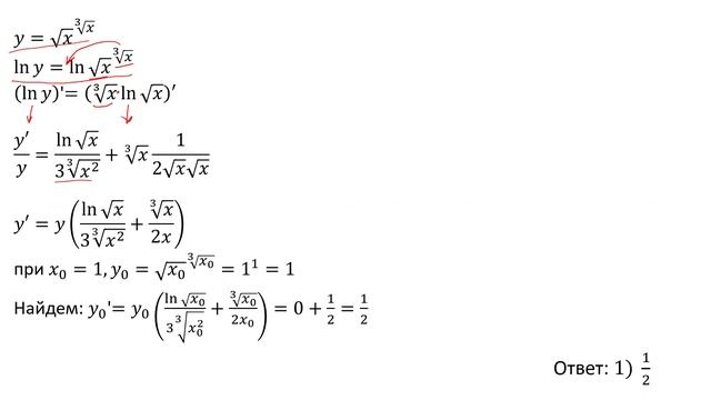 Вычисление производной функции, используя предварительное логарифмирование (А8)