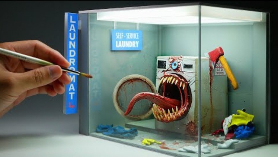 Стиральная машина-монстр в прачечной самообслуживания. Необычнаю диорама из полимерной глины.