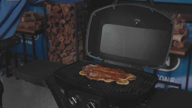 Бабочка из форели на апельсиновой подушке на газовом гриле Napoleon TravelQ PRO 285