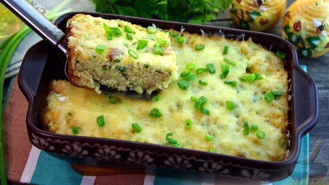 ЗАПЕКАНКА С ФАРШЕМ, СЫРОМ И ЗЕЛЁНЫМ ЛУКОМ