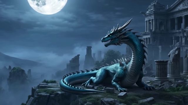 Аниме стиль: величественный дракон спит среди древних руин на вершине горы