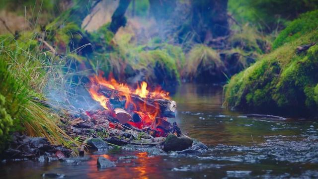 Лесной костер у ручья, 4K 🌲Успокаивающие звуки природы🌲Без ИИ