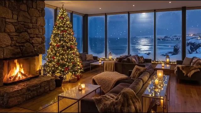 Зимняя спокойная приятная фоновая музыка, ночное море костер уют ёлка новый год