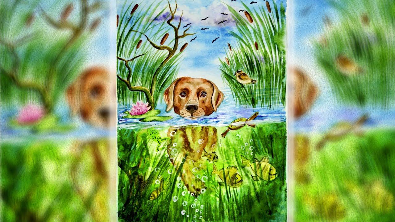 Рисую собаку детской акварелью.