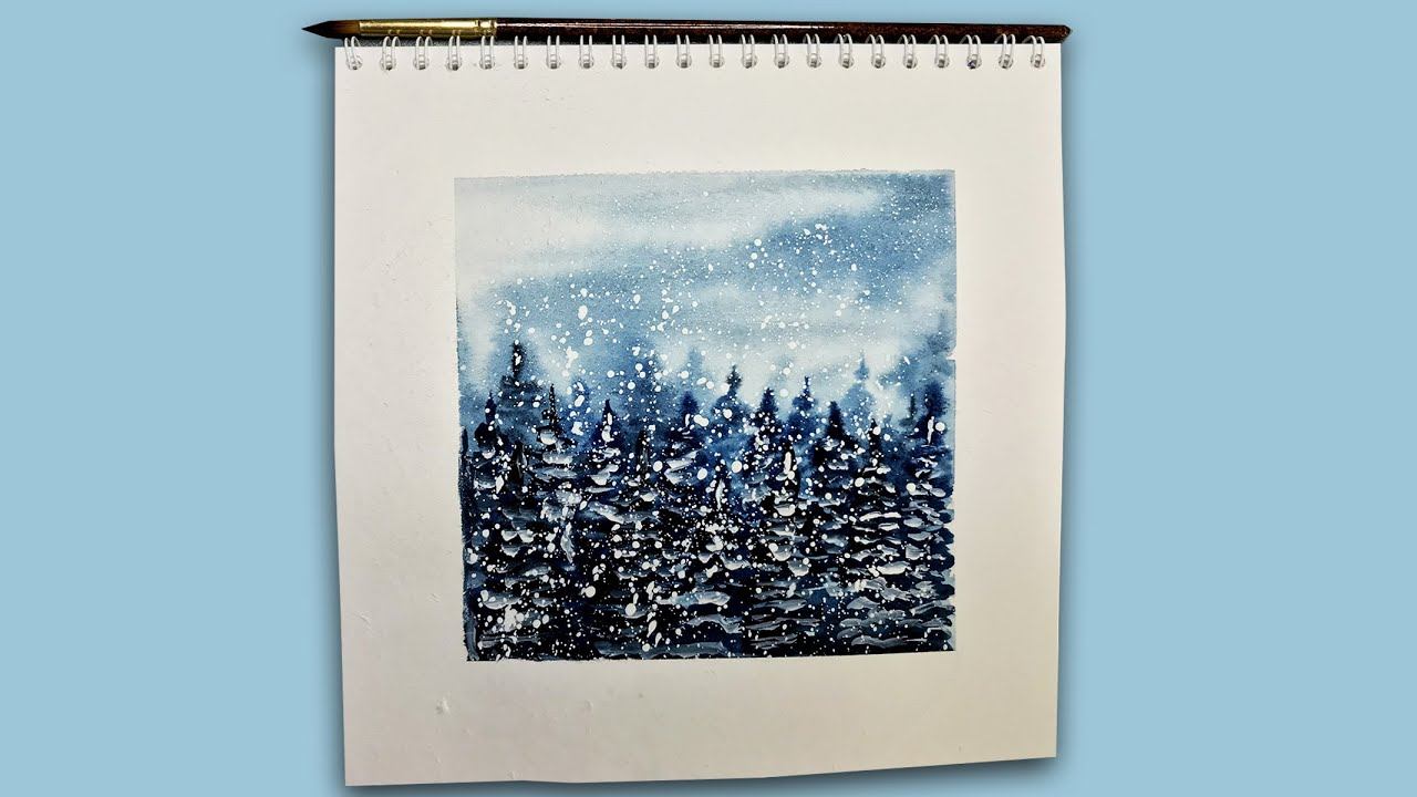 Лёгкий акварельный зимний пейзаж.