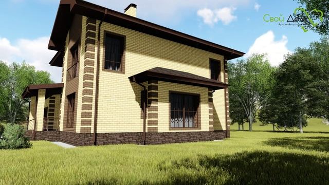 Проект двухэтажного кирпичного дома с гаражом F-010