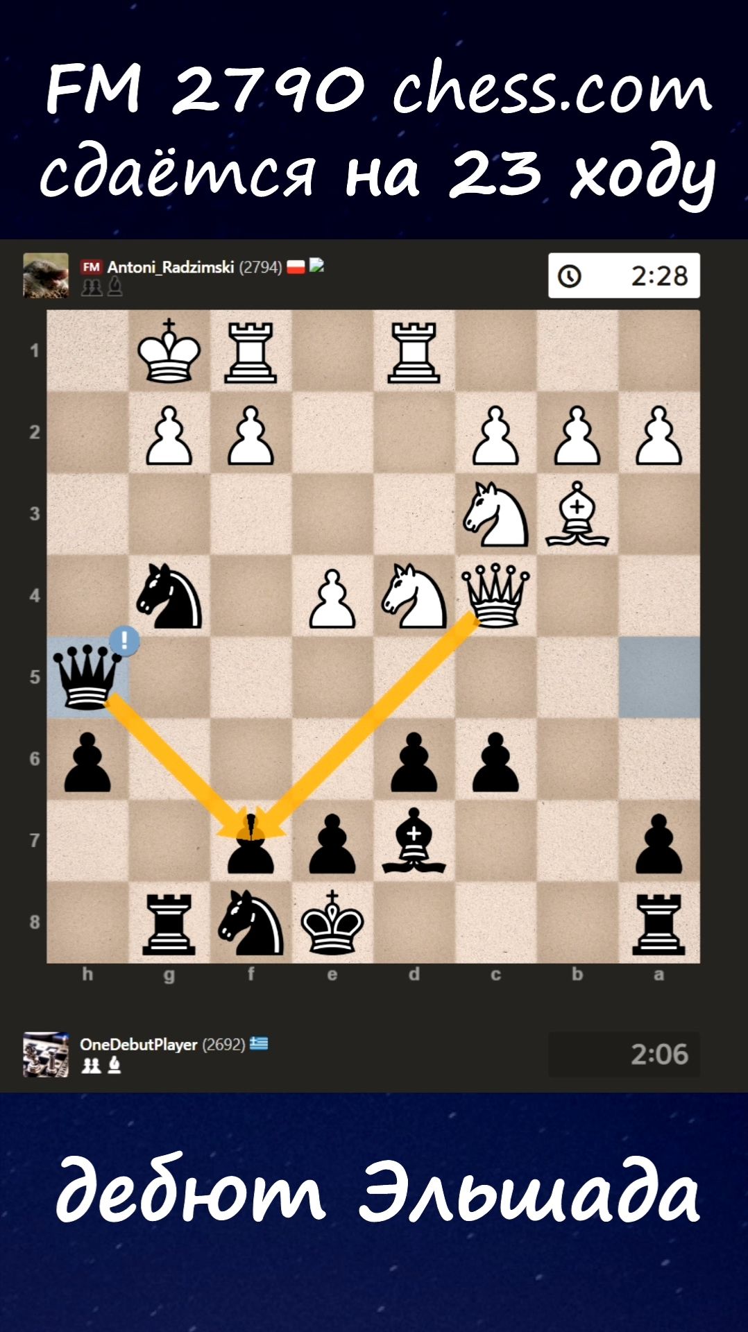 FM 2790 chess.com сдаётся на 23 ходу! ДЕБЮТ ЭЛЬШАДА