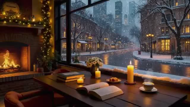 Атмосфера кафе. Музыка. Снежный город с мягкой джазовой музыкой и уютным потрескиванием камина