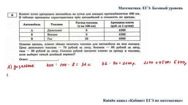 ЕГЭ. Математика. Базовый уровень. Задание 6. Клиент хочет арендовать автомобиль на сутки для