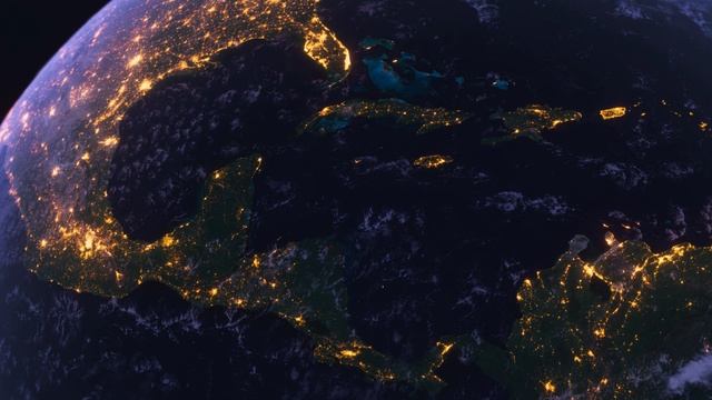Бесплатное видео футаж Центральная Америка Мексика Куба Карибы Вид из Космоса с Орбиты Ночной Глобус