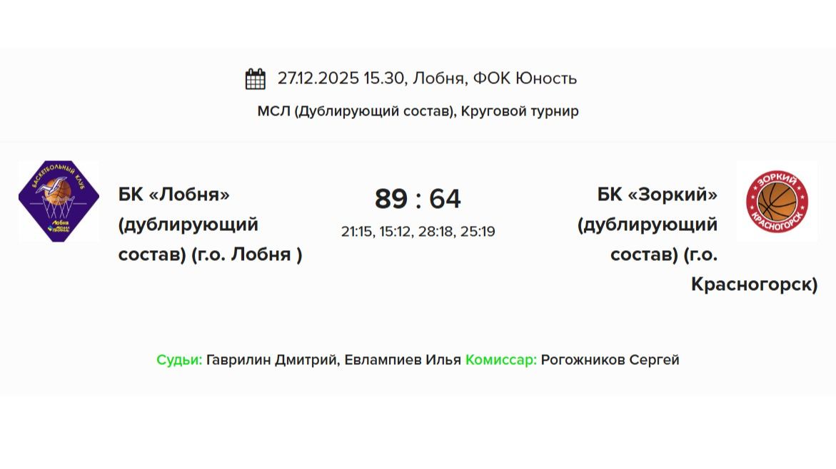 ЛОБНЯ-КРАСНОГОРСК 89:64 27.12.2025 МСЛ (Лобня)  https://mofb.russiabasket.ru/games/951692