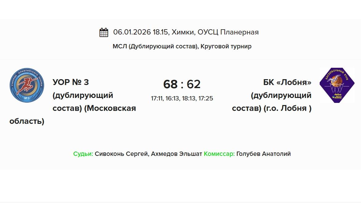 ХИМКИ-ЛОБНЯ 68:62 06.01.2026 МСЛ (Химки) https://mofb.russiabasket.ru/games/951652