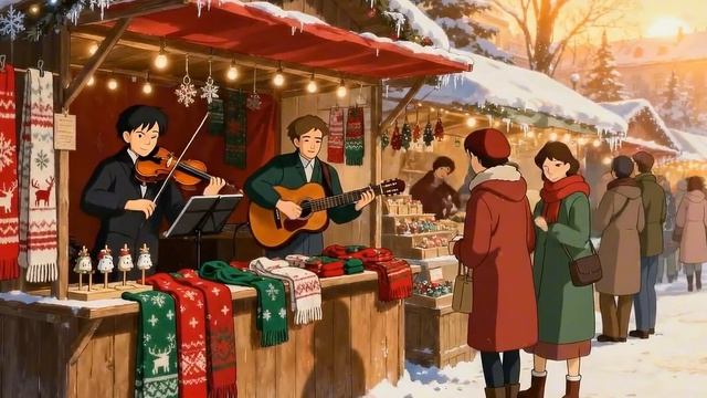Нежное зимнее Рождество с теплыми огнями и спокойной атмосферой  Видео в стиле Ghibli