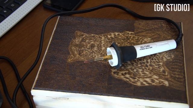 Гепард на шкатулке, выжигание по дереву, timelapse