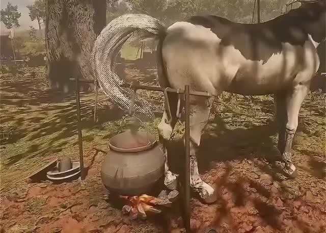 Если лошадь в RDR2 нагадит в кастрюлю с едой, бандит, который будет есть из нее, начнет блевать.
