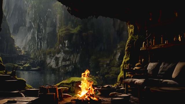 🌧️ Дождь в скрытой пещере. Звуки костра и дождя для глубокого сна и расслабления