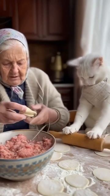Бабуля научила котика готовить вареники