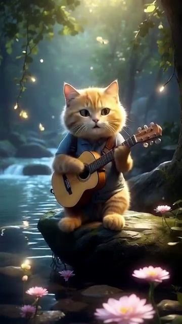 Кот поет и играет на гитаре