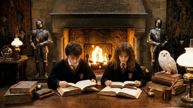 Гарри и Гермиона изучают старинные книгий, а Хедвиг бодрствует в ночи. [4К]